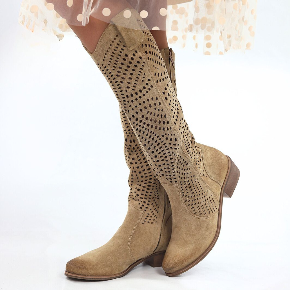 Kozaki skórzane damskie ażurowe beżowe Exquisite | Producenci ...