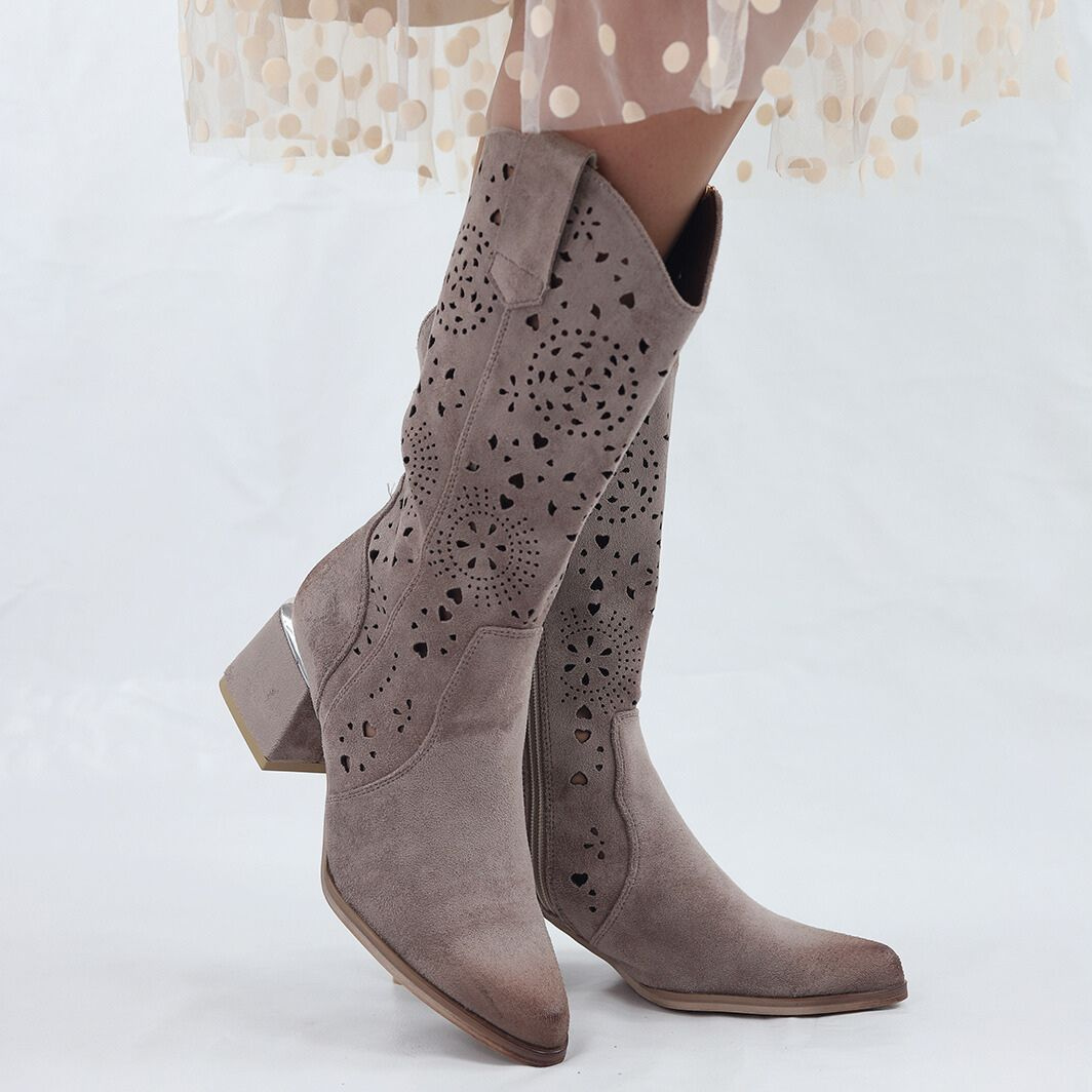 Kozaki ażurowe zamszowe szare na klocku Potocki | Producenci \ Potocki ...